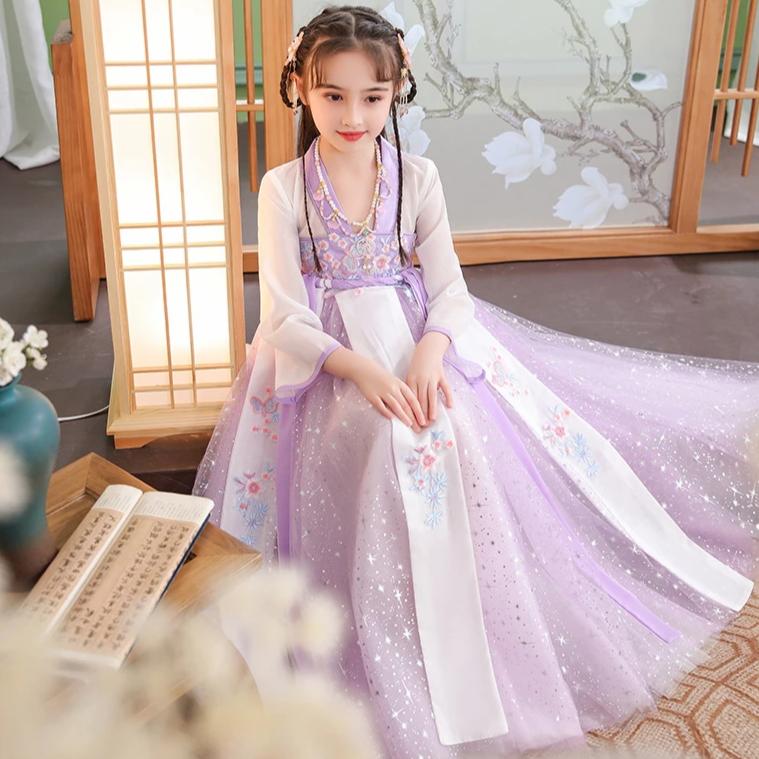 Trumpet Sleeve Floral Embroidery Girl's Han Chinese Costume Princess D ...
