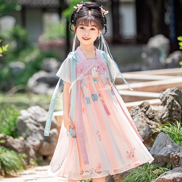 Rabbit & Floral Embroidery Girl's Han Chinese Costume Princess Dress ...