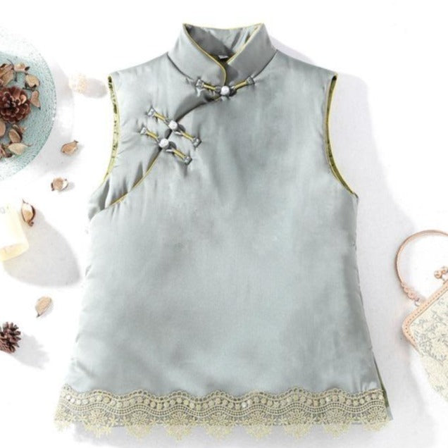 Cheongsam Top Retro Chinese Wadded Waistcoat Vest with Lace Edge ...