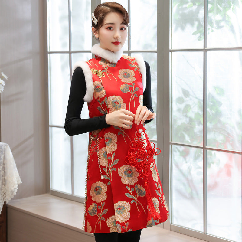 Floral Brocade Knee Length Chinese Wadded Waistcoat Chinese Dress ...