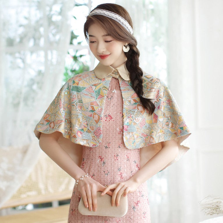 Cheongsam Matched Lapel Collar Floral Lace Shawl Cloak Bolero Jacket ...