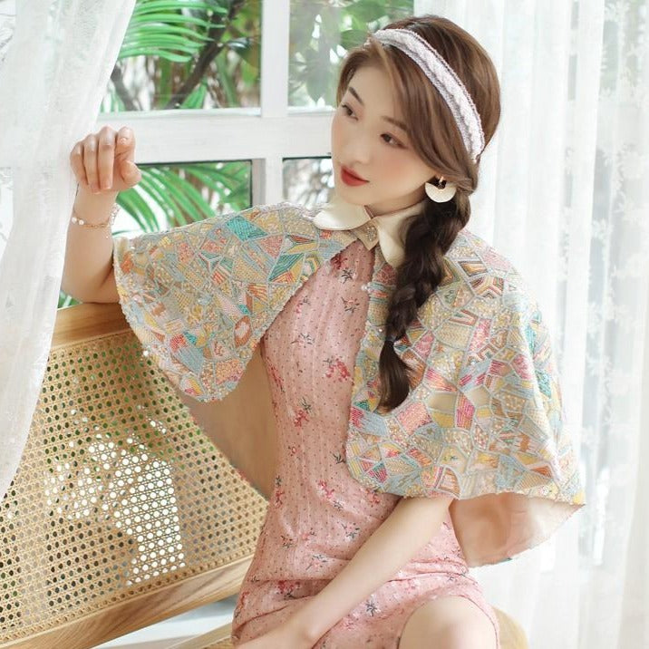 Cheongsam Matched Lapel Collar Floral Lace Shawl Cloak Bolero Jacket ...