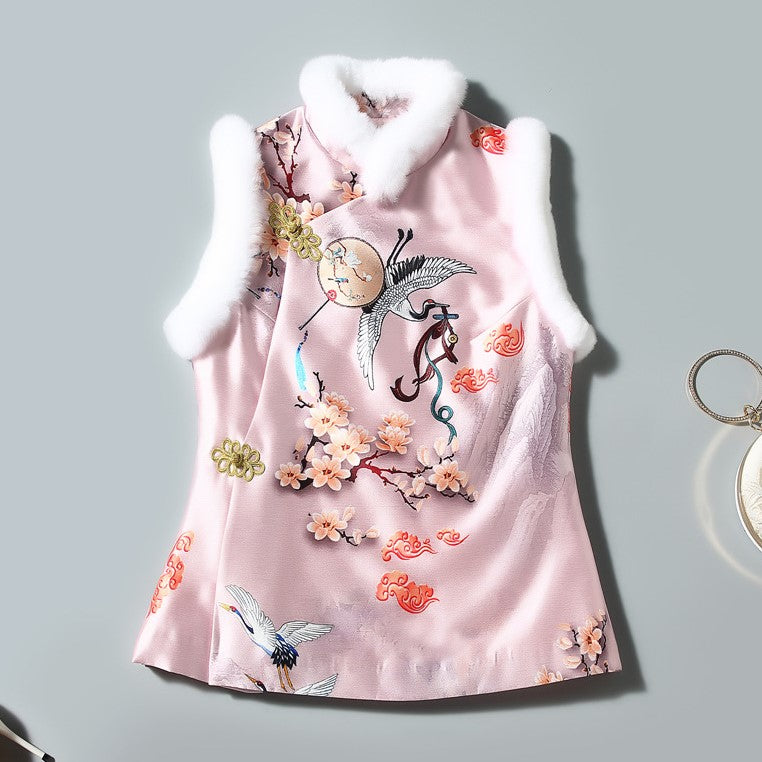 Fur Collar & Cuff Chinese Style Thick Floral Waistcoat Vest – IDREAMMART