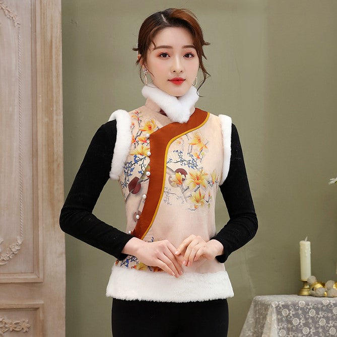 Fur Edge Floral Suede Chinese Style Waistcoat Vest – IDREAMMART
