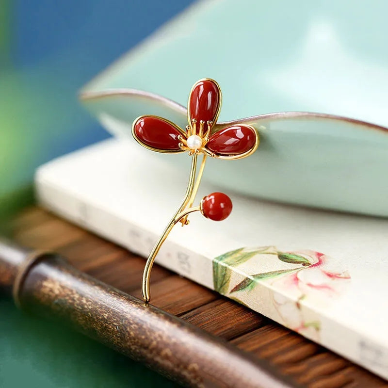 Red Coral Trefoil Designed Gilding Silver Brooch – IDREAMMART