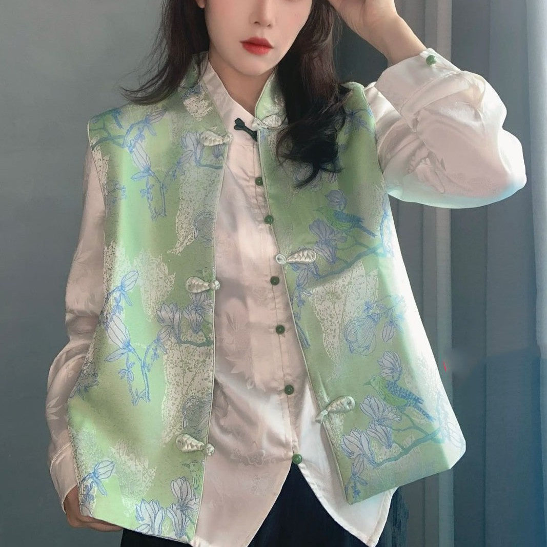 Mandarin Collar Floral Embroidery Brocade Chinese Style Waistcoat Vest ...