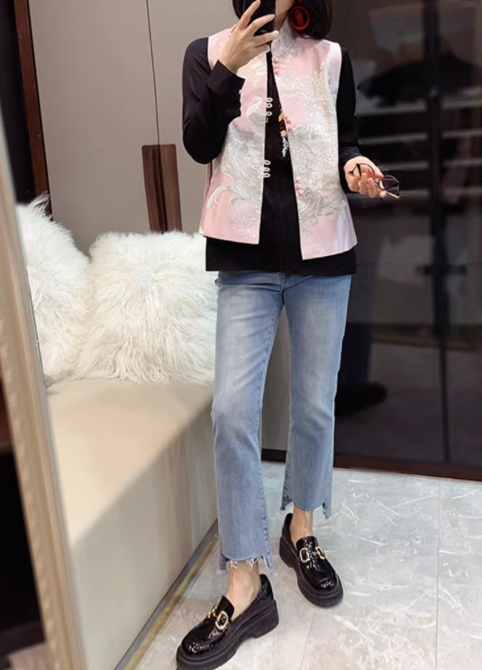 Mandarin Collar Peacock Pattern Brocade Chinese Style Waistcoat Vest ...