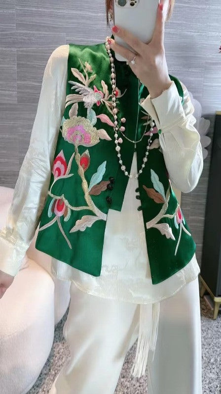 Mandarin Collar Floral Embroidery Silk Chinese Style Waistcoat Vest ...