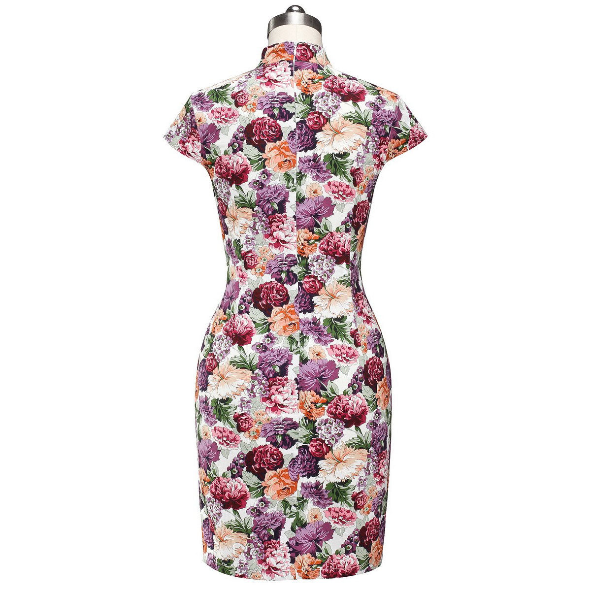 Knee Length Cotton Cheongsam Floral Chinese Dress with Lace Shoulder ...