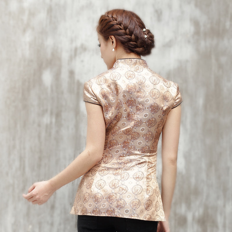 V Neck Cap Sleeve Brocade Cheongsam Top Chinese Shirt – IDREAMMART