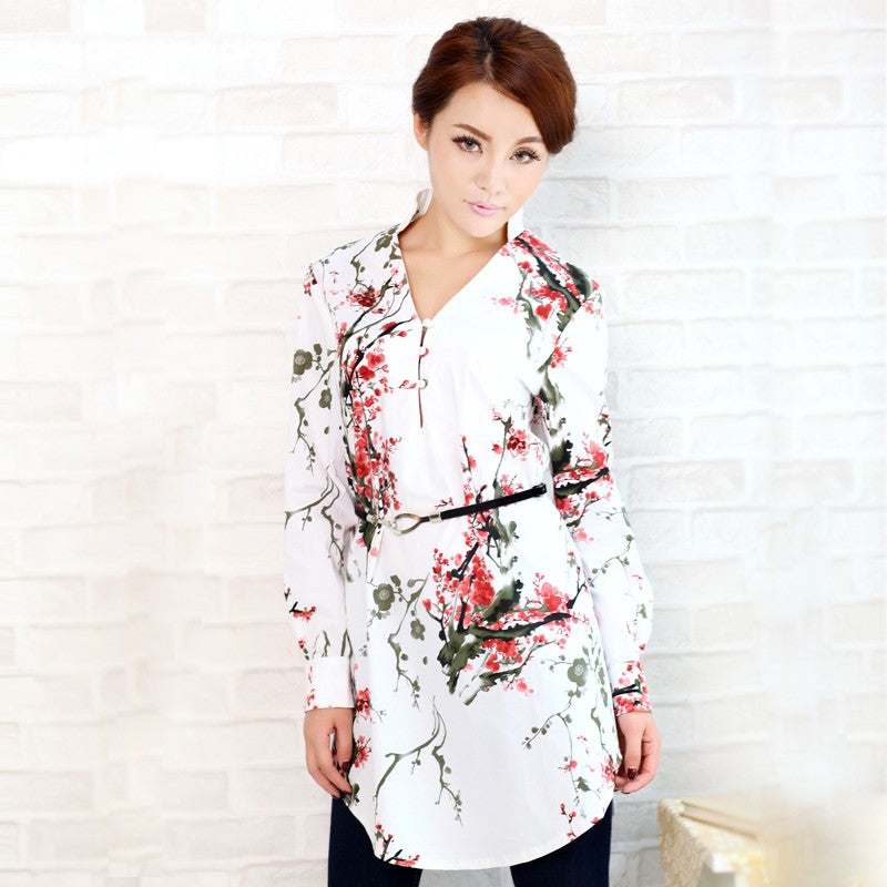 V Neck Long Sleeve Floral Chinese Style Blouse – IDREAMMART
